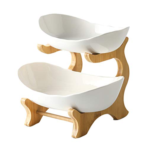 Ceramic Fruit Bowl Double Layer Porcelain Tiered Vegetable Serving Tray Dessert Appetizer Cake Dish with Wood Stand for Wedding Banquet(Small ,9.3 X 7.8 X 7.4inch/23.5 x 19.8 x 18.8cm)