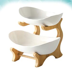 Ceramic Fruit Bowl Double Layer Porcelain Tiered Vegetable Serving Tray Dessert Appetizer Cake Dish with Wood Stand for Wedding Banquet(Small ,9.3 X 7.8 X 7.4inch/23.5 x 19.8 x 18.8cm)