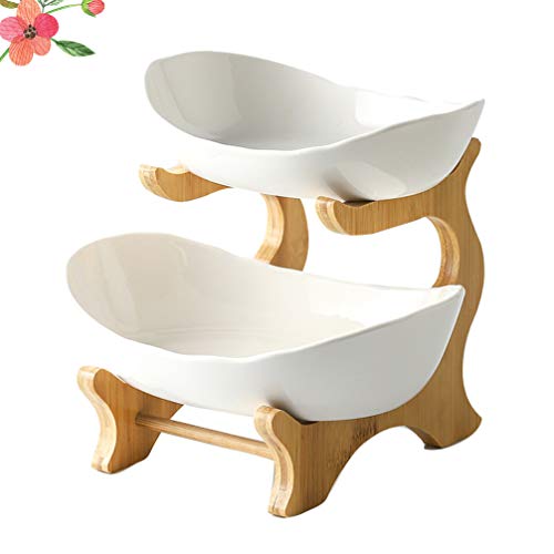 Ceramic Fruit Bowl Double Layer Porcelain Tiered Vegetable Serving Tray Dessert Appetizer Cake Dish with Wood Stand for Wedding Banquet(Small ,9.3 X 7.8 X 7.4inch/23.5 x 19.8 x 18.8cm)