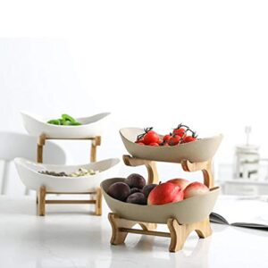 Ceramic Fruit Bowl Double Layer Porcelain Tiered Vegetable Serving Tray Dessert Appetizer Cake Dish with Wood Stand for Wedding Banquet(Small ,9.3 X 7.8 X 7.4inch/23.5 x 19.8 x 18.8cm)