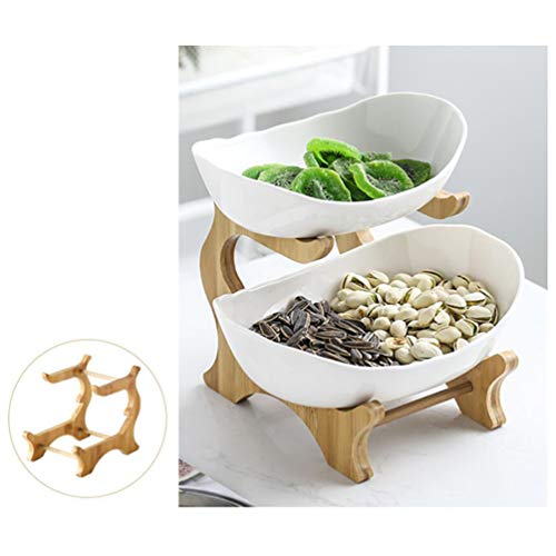 Ceramic Fruit Bowl Double Layer Porcelain Tiered Vegetable Serving Tray Dessert Appetizer Cake Dish with Wood Stand for Wedding Banquet(Small ,9.3 X 7.8 X 7.4inch/23.5 x 19.8 x 18.8cm)