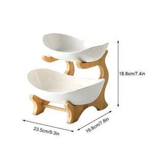 Ceramic Fruit Bowl Double Layer Porcelain Tiered Vegetable Serving Tray Dessert Appetizer Cake Dish with Wood Stand for Wedding Banquet(Small ,9.3 X 7.8 X 7.4inch/23.5 x 19.8 x 18.8cm)