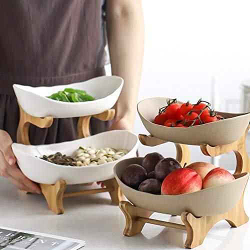 Ceramic Fruit Bowl Double Layer Porcelain Tiered Vegetable Serving Tray Dessert Appetizer Cake Dish with Wood Stand for Wedding Banquet(Small ,9.3 X 7.8 X 7.4inch/23.5 x 19.8 x 18.8cm)