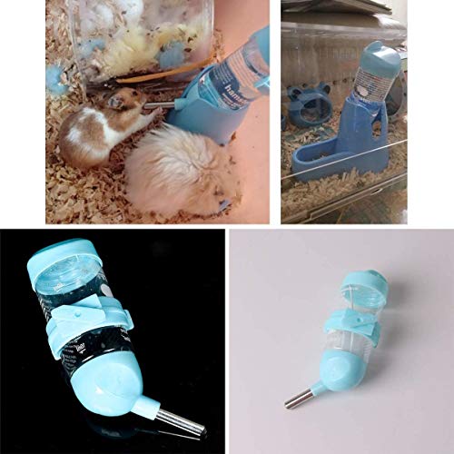 3 in 1 Hamster Hanging Water Bottle Small Animal Auto Dispenser with Stand Base for Hamster Rat Gerbil Mouse Chinchillas Squirrel Guinea Pig Ferret Rabbit Cage Toy (Blue)