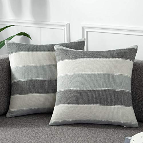 AmHoo Pack of 2 Farmhouse Stripe Check Throw Pillow Covers Set Case Cotton Linen Decorative Pillowcases Cushion Cover for Couch Bench Sofa 20x20Inch Dark Grey Beige