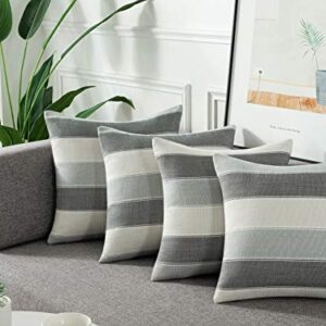 AmHoo Pack of 2 Farmhouse Stripe Check Throw Pillow Covers Set Case Cotton Linen Decorative Pillowcases Cushion Cover for Couch Bench Sofa 20x20Inch Dark Grey Beige