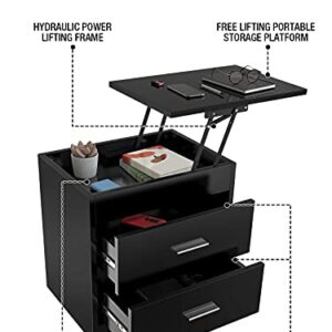 YOURLITE 2 in 1 Upgrade Nightstand with Lifting Top and End Table, Bedside Desk Height Adjustable Laptop Table with 2 Drawer Storage Cabinet Removable End Table for Bedroom, Home (Black)