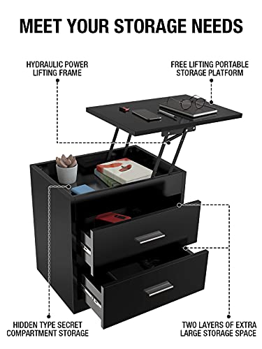 YOURLITE 2 in 1 Upgrade Nightstand with Lifting Top and End Table, Bedside Desk Height Adjustable Laptop Table with 2 Drawer Storage Cabinet Removable End Table for Bedroom, Home (Black)