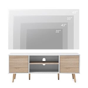 WAMPAT Mid Century Modern TV Stand for TVs up to 60 inches, Wood TV Console Media Cabinet with Storage, Entertainment Center for Living Room Bedroom, White and Oak, 53 inch