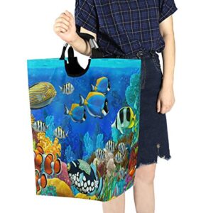 Qilmy 22.7’’ Sealife Fish Coral Waterproof Foldable Laundry Hamper, Dirty Clothes Laundry Basket, Storage Organizer for Toy Collection