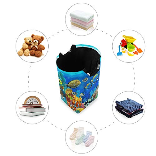 Qilmy 22.7’’ Sealife Fish Coral Waterproof Foldable Laundry Hamper, Dirty Clothes Laundry Basket, Storage Organizer for Toy Collection