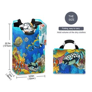 Qilmy 22.7’’ Sealife Fish Coral Waterproof Foldable Laundry Hamper, Dirty Clothes Laundry Basket, Storage Organizer for Toy Collection