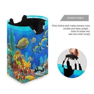 Qilmy 22.7’’ Sealife Fish Coral Waterproof Foldable Laundry Hamper, Dirty Clothes Laundry Basket, Storage Organizer for Toy Collection