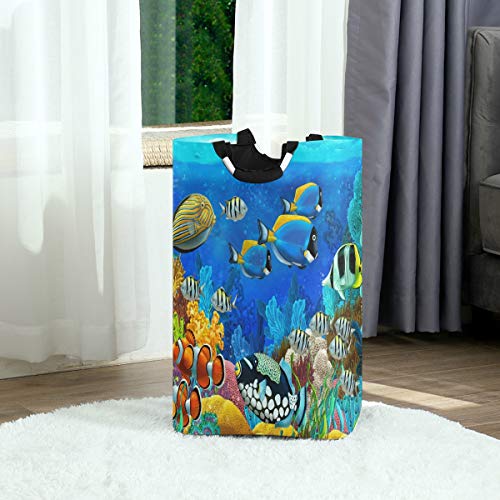 Qilmy 22.7’’ Sealife Fish Coral Waterproof Foldable Laundry Hamper, Dirty Clothes Laundry Basket, Storage Organizer for Toy Collection