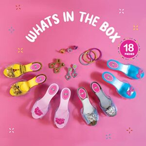 Play22 Princess Dress Up Shoes - 18pc Princess Toys for Little Girls - Toddler Dress Up Jewelry Toy Heels - 4 5 Year Old Girl Birthday Gifts – 4 Pairs of Shoes 2 Earrings 3 Bracelets and 3 Rings.