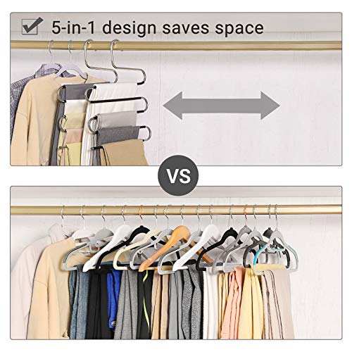 SONGMICS Pants Hangers Space Saving, Pack of 4 Pants Hangers, 5-Layer Metal Hangers, Scarf Hanger, S-Type Non-Slip Closet Organizer for Jeans, Scarfs, Towels, Ties, Black UCRI043BK