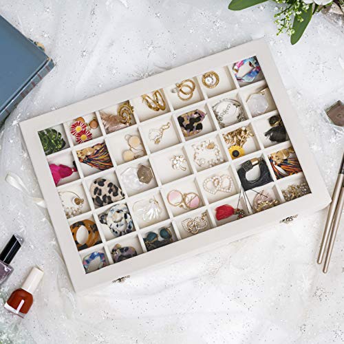 Mebbay 35 Grid Velvet Jewelry Tray Organizer Felt Jewelry Box Tray Holder with Clear Lid for Drawer, Stud Earring Necklace Bracelet Ring Healing Stones Storage (Creamy White), 13.8" x 9.4" x 2"