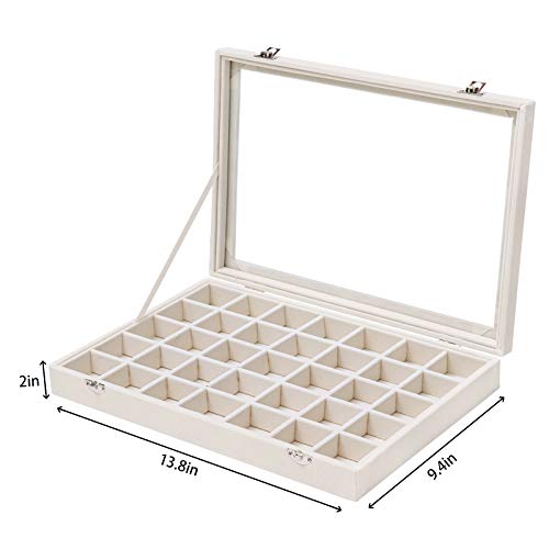 Mebbay 35 Grid Velvet Jewelry Tray Organizer Felt Jewelry Box Tray Holder with Clear Lid for Drawer, Stud Earring Necklace Bracelet Ring Healing Stones Storage (Creamy White), 13.8" x 9.4" x 2"