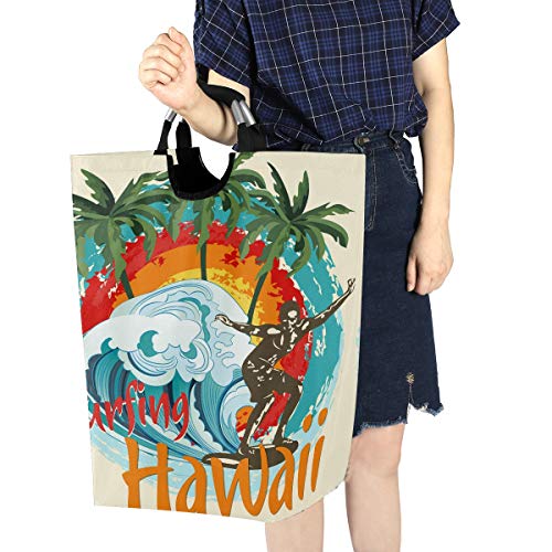 Man Surfing Hawaii Beach Ocean Tropical Palm Trees Waterproof Laundry Hamper Holder, Large Collapsible Dirty Clothes Laundry Bag Basket, Fabric Foldable Durable Storage Bin Organizer With Handles