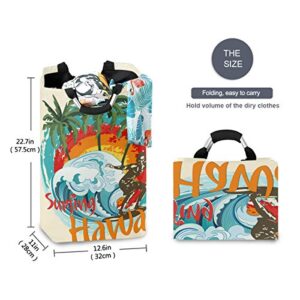 Man Surfing Hawaii Beach Ocean Tropical Palm Trees Waterproof Laundry Hamper Holder, Large Collapsible Dirty Clothes Laundry Bag Basket, Fabric Foldable Durable Storage Bin Organizer With Handles