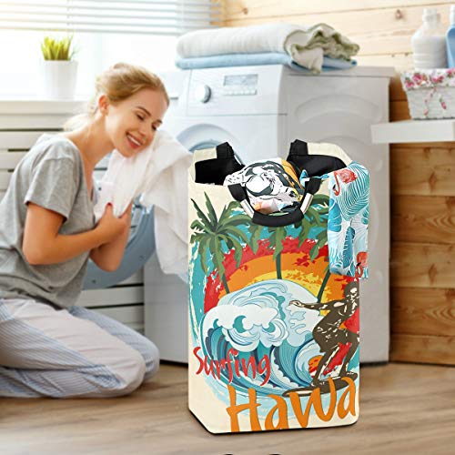 Man Surfing Hawaii Beach Ocean Tropical Palm Trees Waterproof Laundry Hamper Holder, Large Collapsible Dirty Clothes Laundry Bag Basket, Fabric Foldable Durable Storage Bin Organizer With Handles