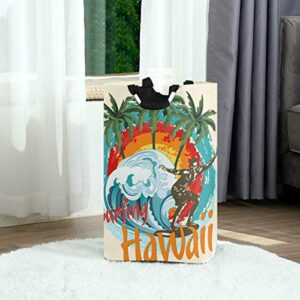 Man Surfing Hawaii Beach Ocean Tropical Palm Trees Waterproof Laundry Hamper Holder, Large Collapsible Dirty Clothes Laundry Bag Basket, Fabric Foldable Durable Storage Bin Organizer With Handles