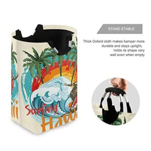 Man Surfing Hawaii Beach Ocean Tropical Palm Trees Waterproof Laundry Hamper Holder, Large Collapsible Dirty Clothes Laundry Bag Basket, Fabric Foldable Durable Storage Bin Organizer With Handles