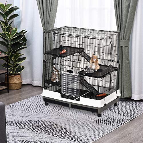 PawHut 4-Level Small Animal Cage Hutch with Wheels, Removable Tray, Platform and Ramp for Rabbit Bunny, Chinchillas, Ferret, Hedgehog & Gerbils