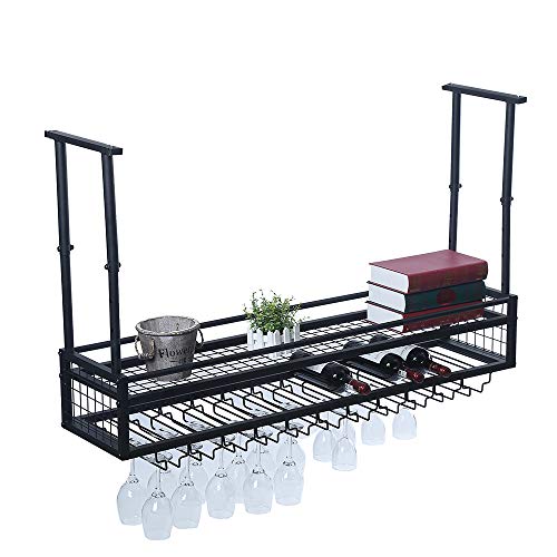 Industrial Hanging Wine Rack with Glass Holder and Shelf,Adjustable Ceiling Bar Wine Glass Rack,2-Layer Metal Wall Mounted Wine and Glass Rack,Iron Bottle Holder Wine Shelf(47.2in,Black)