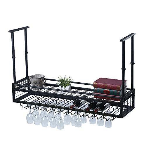 Industrial Hanging Wine Rack with Glass Holder and Shelf,Adjustable Ceiling Bar Wine Glass Rack,2-Layer Metal Wall Mounted Wine and Glass Rack,Iron Bottle Holder Wine Shelf(47.2in,Black)