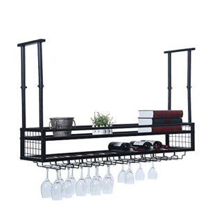 Industrial Hanging Wine Rack with Glass Holder and Shelf,Adjustable Ceiling Bar Wine Glass Rack,2-Layer Metal Wall Mounted Wine and Glass Rack,Iron Bottle Holder Wine Shelf(47.2in,Black)