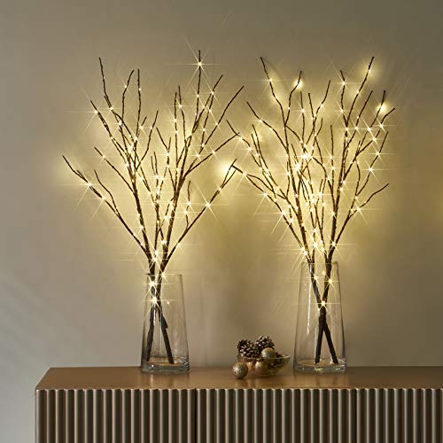 LITBLOOM Lighted Brown Willow Branches with Timer Battery Operated Set of 2 Tree Branch with Warm White Lights for Holiday and Party Decoration 32IN 100 LED Waterproof