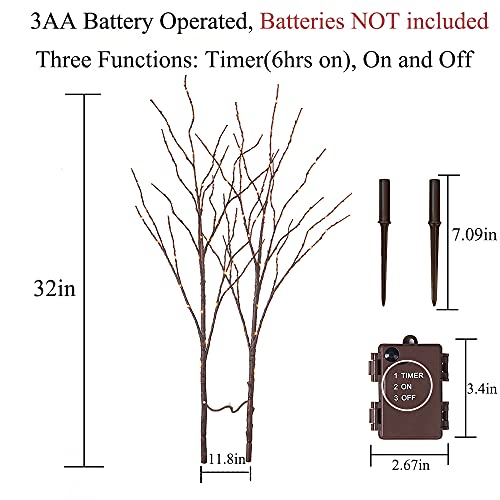 LITBLOOM Lighted Brown Willow Branches with Timer Battery Operated Set of 2 Tree Branch with Warm White Lights for Holiday and Party Decoration 32IN 100 LED Waterproof