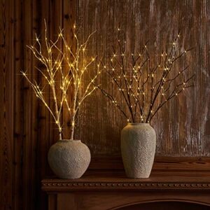 LITBLOOM Lighted Brown Willow Branches with Timer Battery Operated Set of 2 Tree Branch with Warm White Lights for Holiday and Party Decoration 32IN 100 LED Waterproof