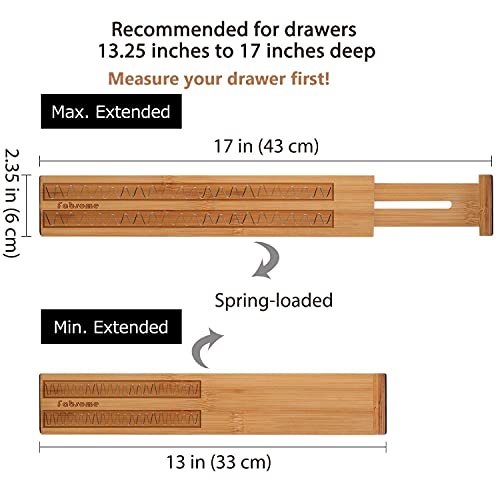 Drawer Dividers Pack of 2, Adjustable Bamboo Clothing Drawer Organizers Spring-loaded, Durable Organization Separators for Dresser, Bedroom, Bathroom, Office, 13.25-17 in