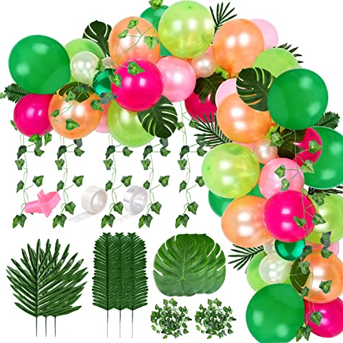 FEPITO 124Pcs Tropical Balloons Garland Kit Pink Green Balloon Arch Garland with Tropical Palm Leaves, Balloon Tape Strip, Dot Glue and Tying Tool for Tropical Party Decor, Birthday Party Supplies