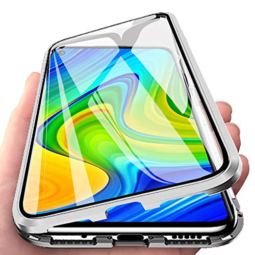 EabHulie Redmi Note 9 Case, 360° Full Body Transparent Tempered Glass with Magnetic Adsorption Metal Bumper Case Cover for Xiaomi Redmi Note 9 Silver