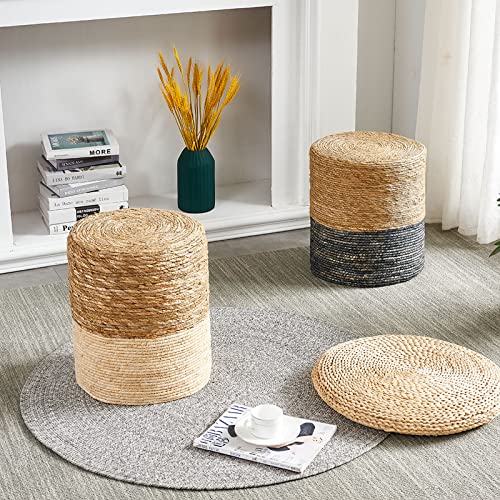 Wimarsbon Pouf Ottomans, Natural Seagrass Poof, Hand Weave Round Footstool, Pouffe Accent Chair, Sitting Braided Footrest W/Jute Cover, Home Decorative Seat, Boho Chair for Living Room, Bedroom, White