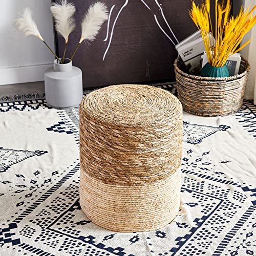 Wimarsbon Pouf Ottomans, Natural Seagrass Poof, Hand Weave Round Footstool, Pouffe Accent Chair, Sitting Braided Footrest W/Jute Cover, Home Decorative Seat, Boho Chair for Living Room, Bedroom, White