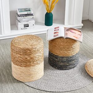 Wimarsbon Pouf Ottomans, Natural Seagrass Poof, Hand Weave Round Footstool, Pouffe Accent Chair, Sitting Braided Footrest W/Jute Cover, Home Decorative Seat, Boho Chair for Living Room, Bedroom, White