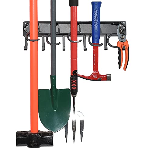 YueTong All Metal Garden Tool Organizer,Adjustable Garage Wall Organizers and Storage,Heavy Duty Wall Mount Holder with Hooks for Broom,Rake,Mop,Shovel.（1 Pack）