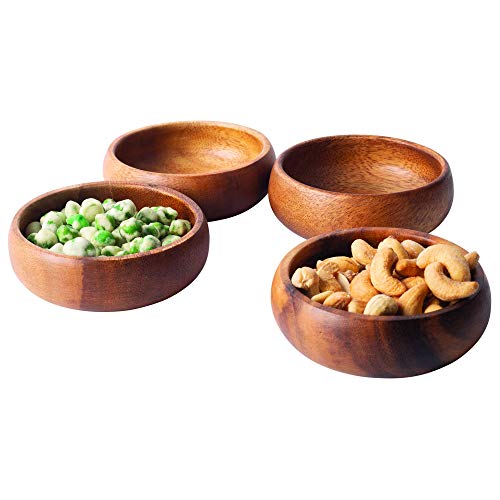 Glaver's Natural Acacia Wooden Bowls Hand-Carved Calabash Dip Tray Bowl S/4 Ideal for Appetizers, Dips, Sauce, Nuts, Candy, Olives, Seeds, Desserts and More. (Round)