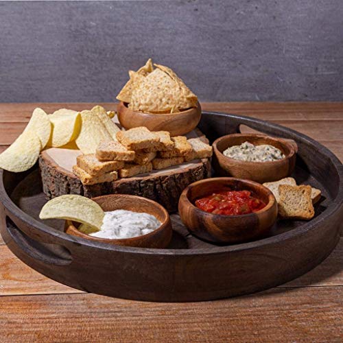 Glaver's Natural Acacia Wooden Bowls Hand-Carved Calabash Dip Tray Bowl S/4 Ideal for Appetizers, Dips, Sauce, Nuts, Candy, Olives, Seeds, Desserts and More. (Round)