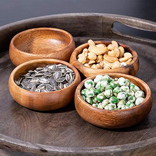 Glaver's Natural Acacia Wooden Bowls Hand-Carved Calabash Dip Tray Bowl S/4 Ideal for Appetizers, Dips, Sauce, Nuts, Candy, Olives, Seeds, Desserts and More. (Round)