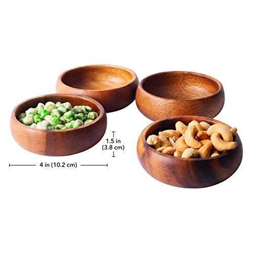 Glaver's Natural Acacia Wooden Bowls Hand-Carved Calabash Dip Tray Bowl S/4 Ideal for Appetizers, Dips, Sauce, Nuts, Candy, Olives, Seeds, Desserts and More. (Round)