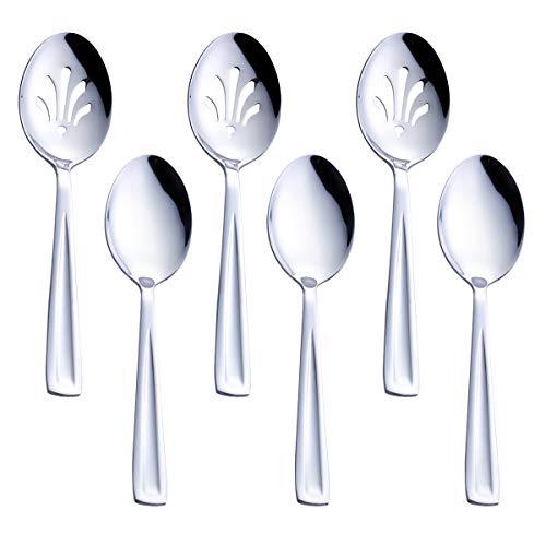 GoGeiLi Stainless Steel Serving Spoon Set, Include 3 Large Serving Spoon and 3 Slotted Spoon, 9.5-inch Catering Serving Spoon Set for Party, Banquet, Buffet, Dishwasher Safe