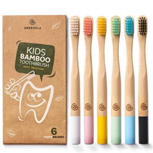 greenzla kids bamboo toothbrushes (6 pack) bpa free soft bristles eco-friendly, natural toothbrush set biodegradable & compostable charcoal wooden