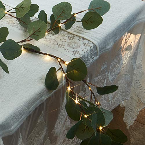 LITBLOOM Lighted Eucalyptus Garland Battery Operated with Timer 6FT 96 LED Artificial Greenery Twig Vine Lights for Room Stairs Mantle Wedding Holiday Decoration Indoor Outdoor