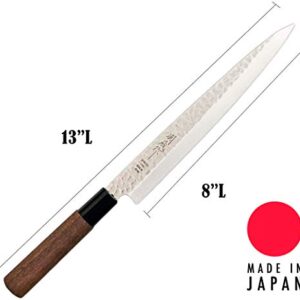 Hinomaru Collection Sekizo Japan Quality Stainless Steel Non Stick Yanagiba Sashimi Sushi Knife Chefs Knife 13.75" Itamae Sushi Chef Knife With Wooden Handle Made In Japan (Hammered Blade 13")