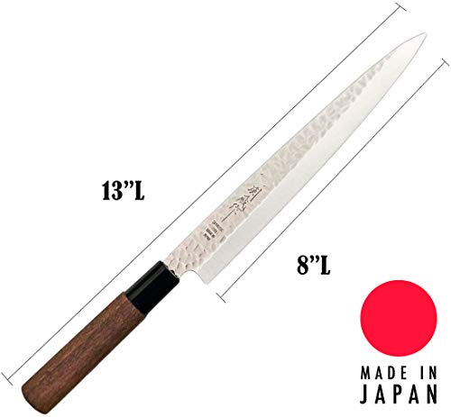 Hinomaru Collection Sekizo Japan Quality Stainless Steel Non Stick Yanagiba Sashimi Sushi Knife Chefs Knife 13.75" Itamae Sushi Chef Knife With Wooden Handle Made In Japan (Hammered Blade 13")